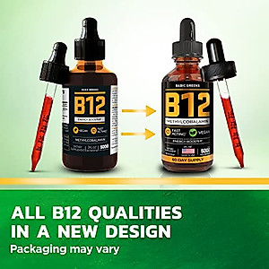 BASIC GREENS Vitamin B12 Sublingual (Vegan) 2 Fl Oz - Methylcobalamin B12 Vitamins 5000 mcg, B12 Liquid, Liquid B12, B12 Drops, Methyl B12, Cherry Flavor