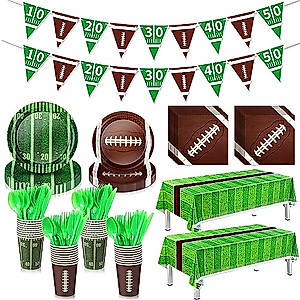Preboun 214 Pcs Football Party Supplies Dinnerware Set for 30 People, Football Party Decorations Including Plates, Cups, Napkins, Tablecloth, Banner, Knives Forks and Spoons Set for Sports Birthday