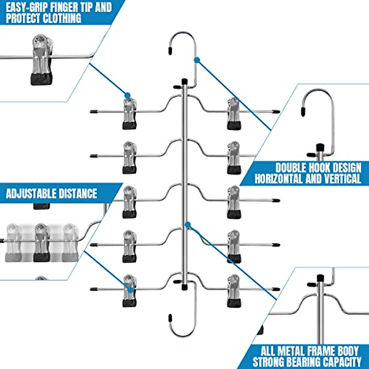 5 Tier Metal Skirt Hangers for Women, Pants Hanger Space Saving with Non Slip Adjustable Clips,Durable Heavy Duty Trouser Hangers for Jeans, Slacks, Shorts - 2 Pack