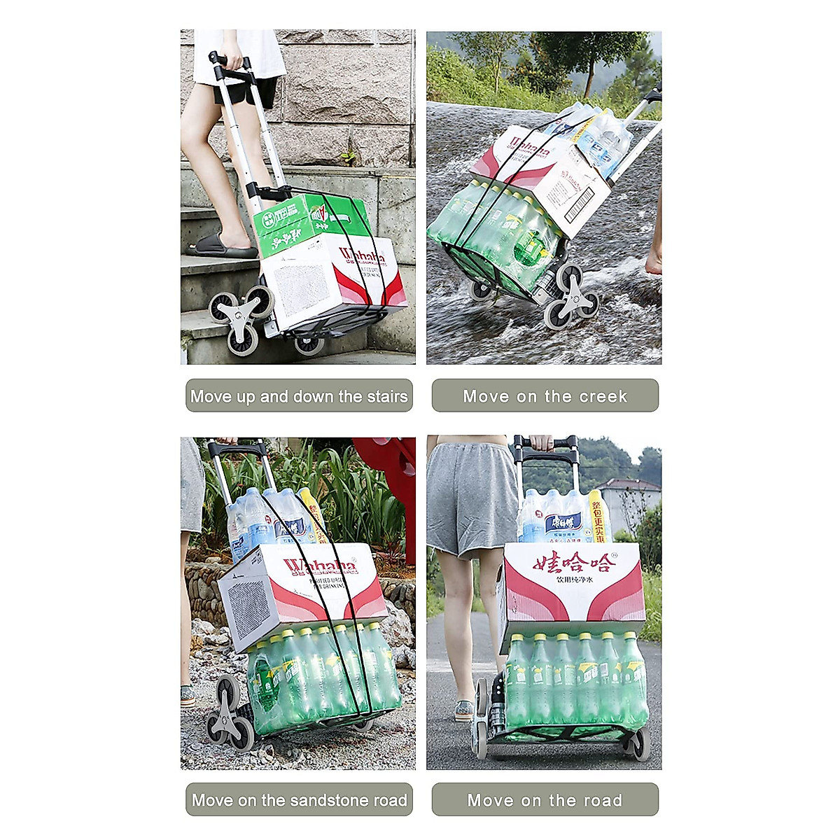 Double Rhombus Stair Climbing Cart Portable Folding Hand Truck, 330 LBS Capacity Aluminium Trolley with 3-Level Height Adjustable Telescoping Handle, 6 Rubber Wheels, 2 Bungee Cords, All Terrain