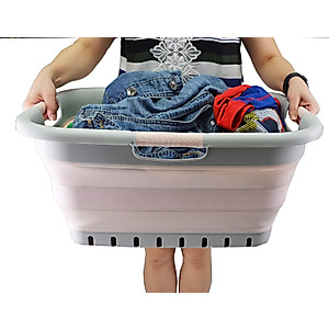 SAMMART 41L Collapsible Plastic Laundry Basket - Foldable Pop Up Storage Container/Organizer - Portable Washing Tub - Space Saving Hamper/Basket (3 handled rectangular, Grey/Pink)
