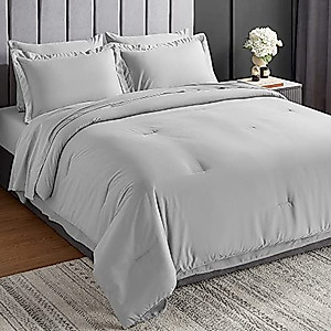 QSTEHEML Queen Comforter Set 7 Pieces, Solid Color Light Grey Queen Bedding Sets, Soft Queen Bed in a Bag with Comforter, Flat Sheet, Fitted Sheet, Pillow Shams and Pillowcases for All Season