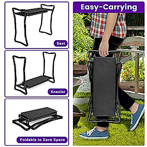 Garden Kneeler and Seat Foldable Garden Stools Garden Bench with 2 Tool Pouches & 2 Digging Gloves, Portable Garden Kneeling Pad EVA Foam Pad, Garden Gifts Tools for Men Women Gardener (Black&Purple)