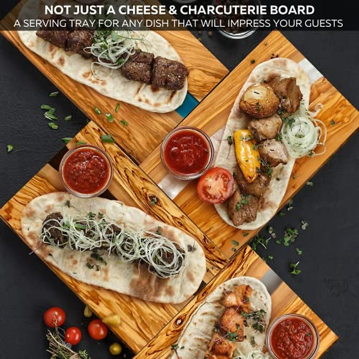 Handcrafted Italian Olive Wood Cheese & Charcuterie Board Set with Unique Blue Resin Artwork - Cutting Board Comes with 4 Cheese Knives, 2 Dipping Bowls & Corkscrew Wine Opener (Blue)