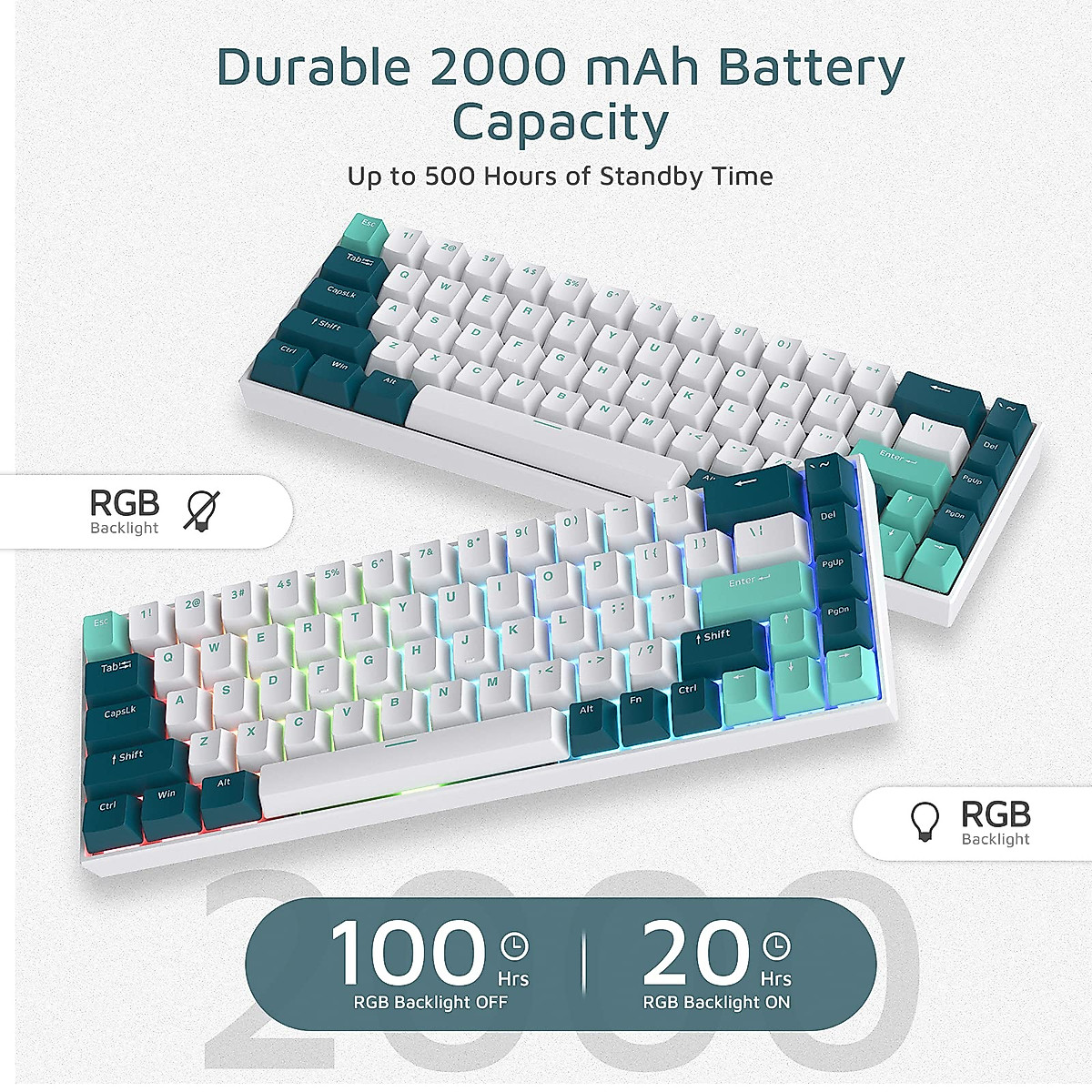 FL ESPORTS F12 65% Three-Mode Wireless Mechanical Keyboard, 68 Keys RGB BT 5.0/2.4Ghz Gaming Keyboard w/Light Tactile Kailh Box White Switch, PBT Keycaps, Durable Durable Battery
