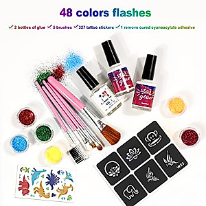 Glitter Tattoo for Kids, Glitter Tattoos 48 Colors, 318pcs Glitter Tattoo Stencils, 10 Sheets Tattoo Stickers Supply Sparkly Temporary Tattoos2 Glues,5 Brushes Adults & Kids Arts Glitter Make Up Kit ZYH2209001KIT