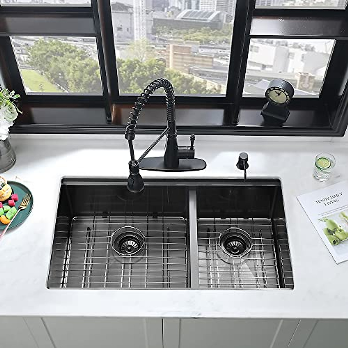 33 Black Undermount Kitchen Sink Workstation - iAnomla 33 x19 Inch Black Kitchen Sink Undermount Sink 16 Guage Stainless Steel Ledge Workstation 60/40 Double Bowl Kitchen Sink with Cutting Board