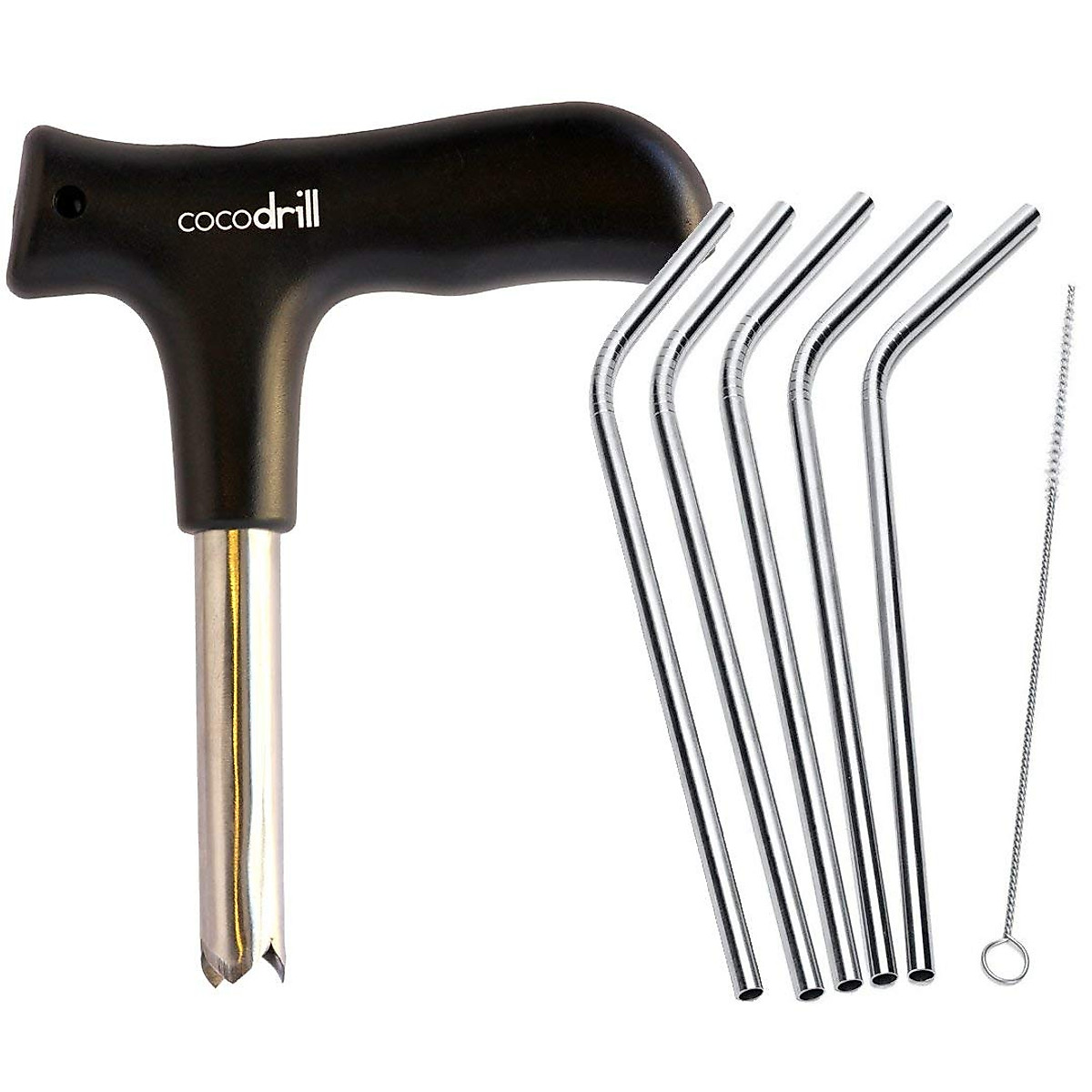 CocoDrill Coconut Opener Tool + 5 Reusable Straws -COMBO PACK - Stainless Steel Drinking - 1 metal straw + Cleaner - Eco Friendly, SAFE, NON-TOXIC