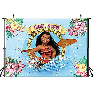 Summer Beach Baby Moana Theme Backdrops Pink Flowers Blue Water Girls 1St Birthday Party Photography Background Baby Shower Moana Cake Table Decoration Banner Photo Studio Props 5x3ft