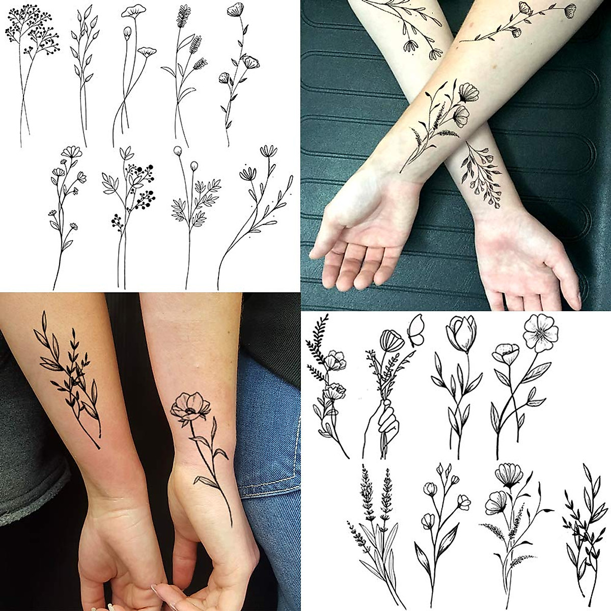 15 Sheets FANRUI Tiny Branch Black Flower Temporary Tattoos For Women Girl Floral Bouquet Small Tattoo Temporary Wild Plant Lavender Sweet Pea Larkspur Fake Tatoo Adults Face Hands Kids Kit Sticker