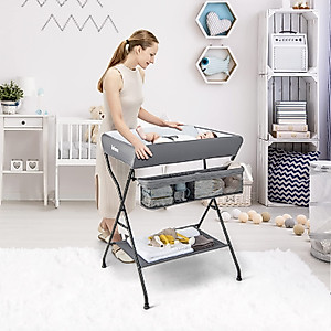INFANS Baby Changing Table, Folding Diaper Station Portable Nursery Organizer with Safety Belt and Large Storage Racks for Newborn Baby and Infant (Grey)