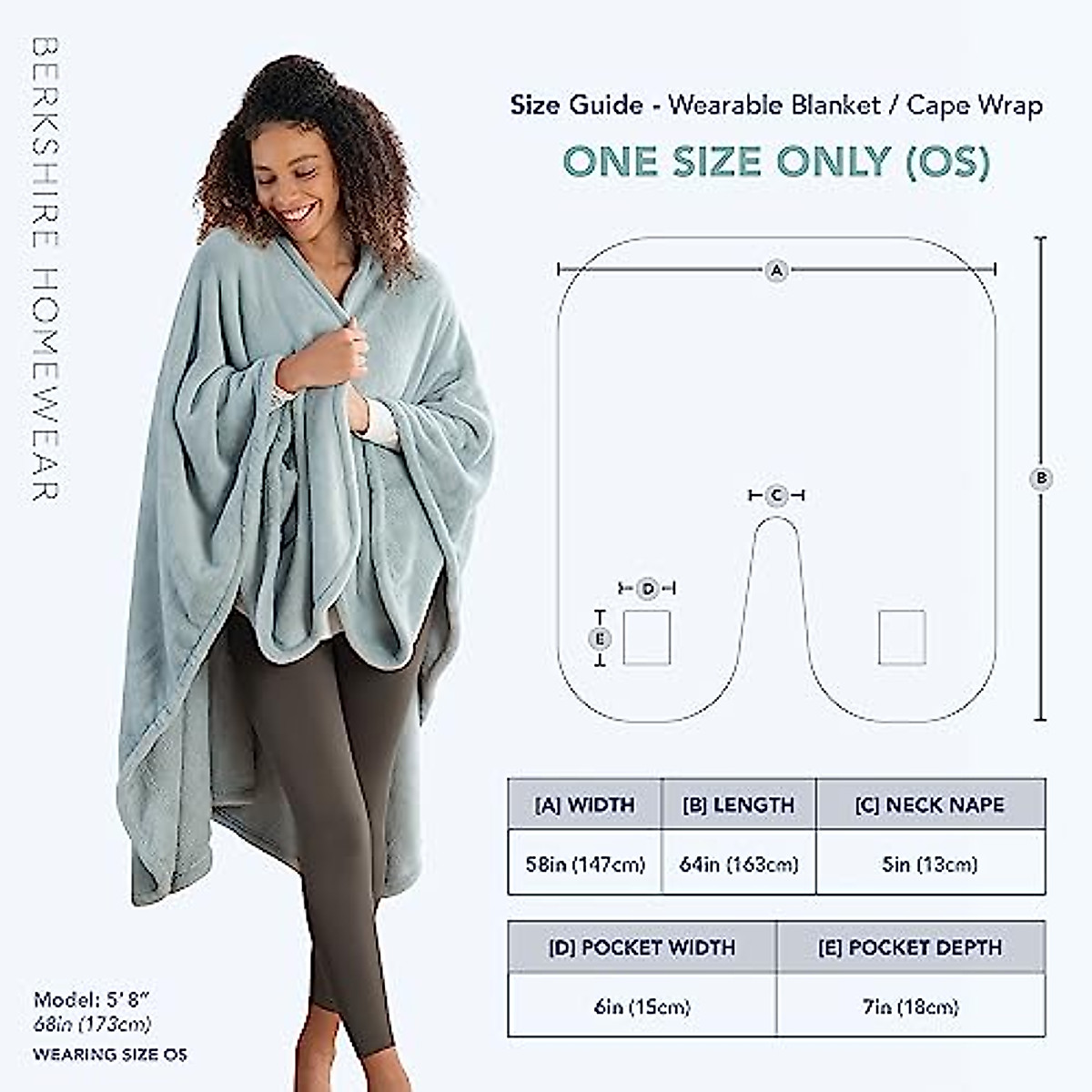 Berkshire Blanket Primalush™ Wearable Blanket, Cozy Loungewear Pocketed Plush Cape Wrap for Adults & Teens(Hazy Sky Blue, One Size 58"X64")