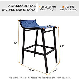 Sundale Outdoor Patio Metal Bar Stools Set of 2, Low Back Counter Height Tall Chairs, High Top Armless Pub Seat Barstools for Outside Porch Yard Deck Balcony, Modern Blue