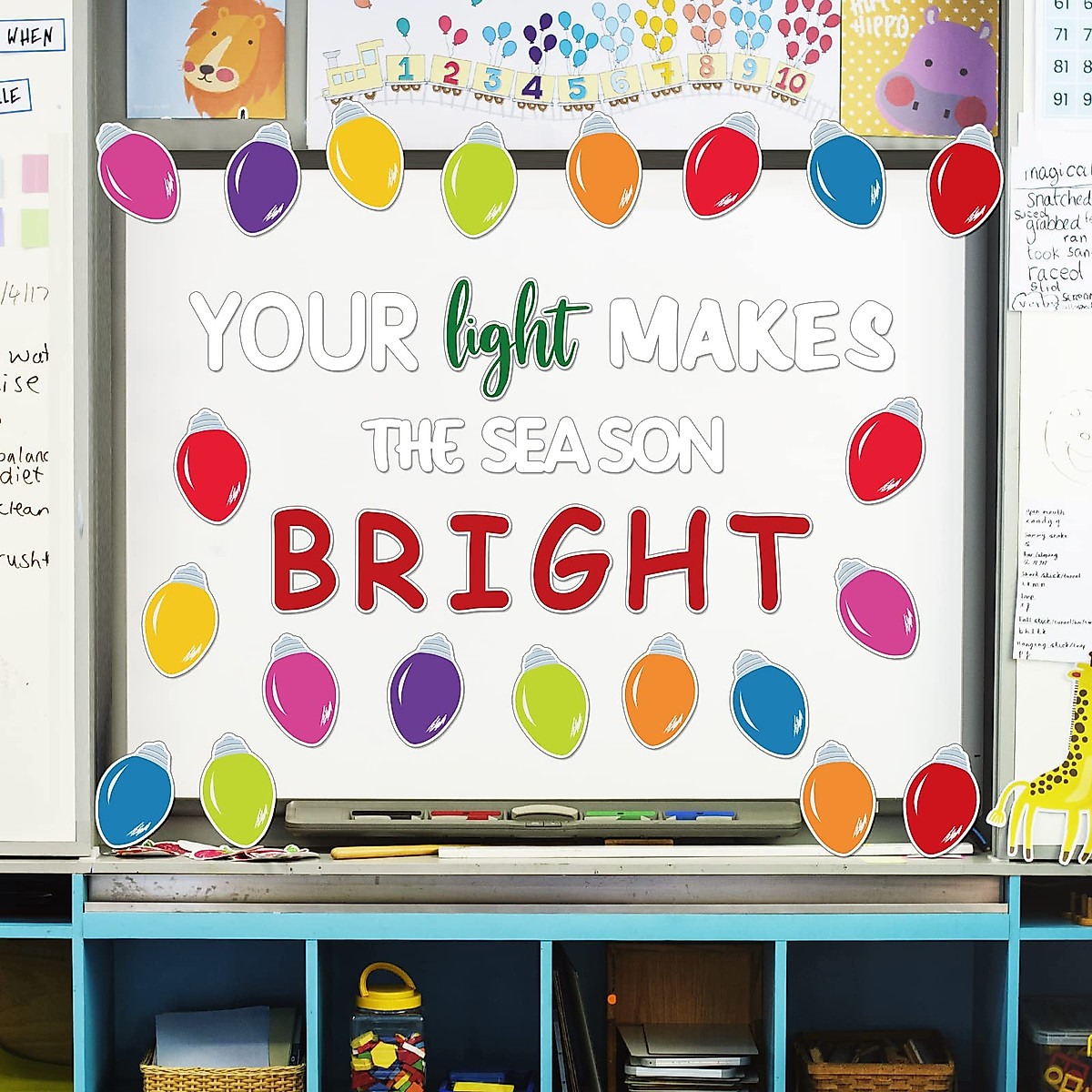 Whaline 43Pcs Light Bulbs Cutouts Bulletin Board Cutouts Christmas Cut Outs with 100 Glue Points Your Light Make The Season Bright Letter Paper Cutting for Xmas Home School Classroom Party Supplies