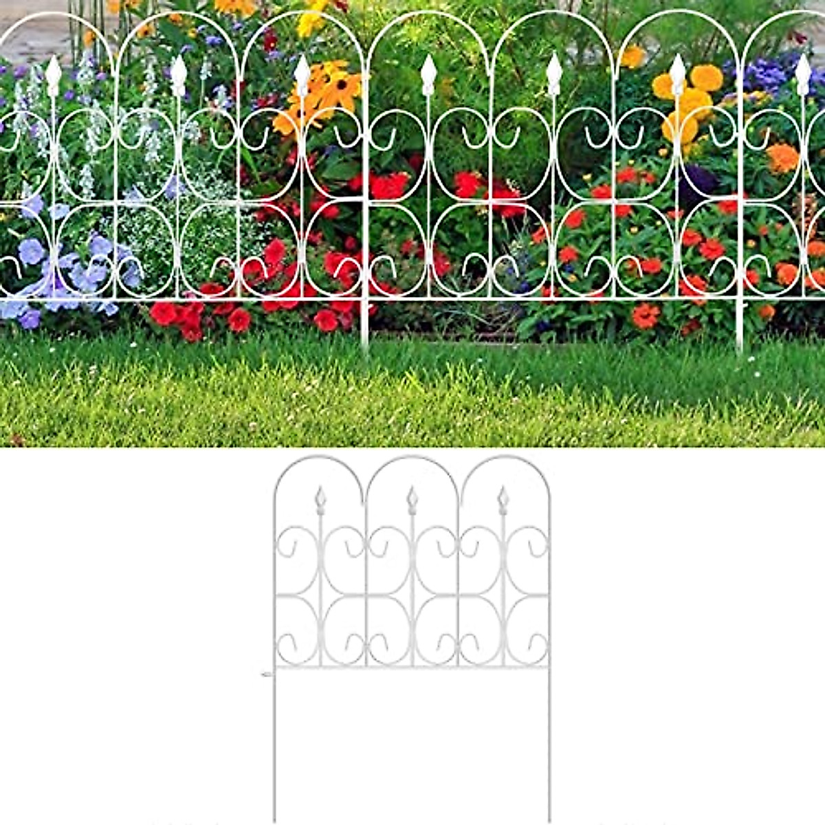 Amagabeli 5 Panel Decorative White Garden Fence 10ft(L) x32in(H) Total Animal Barrier for Dog Coated Metal Rustproof Iron Wire Border Folding Patio Garden Fencing Flower Bed Section Edging ET302