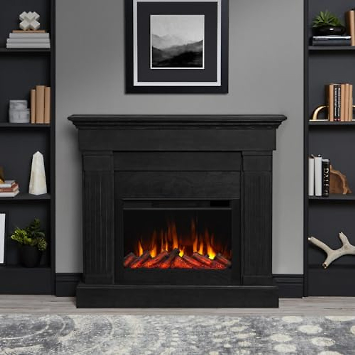 Real Flame Crawford Slim Indoor Electric Fireplace, Black, Free-Standing with Real Wood Mantel Finish - 6 Flame Colors, Adjustable Thermostat, 120V, 1400W, 5100 BTUs