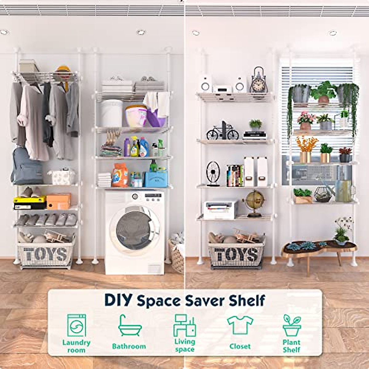 Lilyvane 4 Tiers Over The Toilet Storage, 97 to116” Adjustable Tension Pole Over Toilet Bathroom Organizer, Freestanding Bathroom Shelves Over Toilet for Most Showers Over The Toilet Shelf