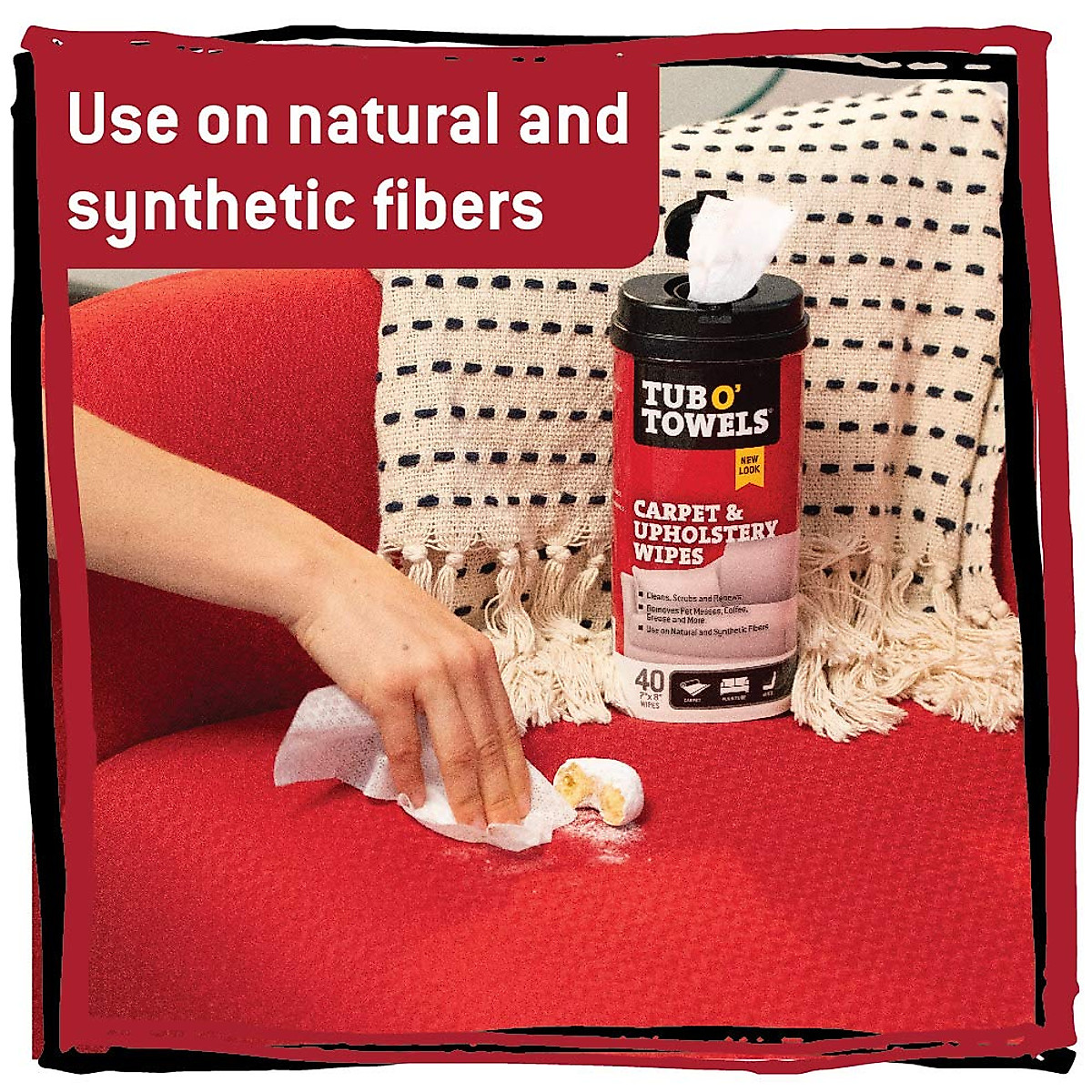 Tub O' Towels Carpet, Rug, and Upholstery Cleaning Wipes - Extra Strength Stain Remover, Odor-Fighting Power, Safe on Natural & Synthetic Fibers, 40-7” x 8” Wipes Per Tub, 1-Pack, Light Citrus Scent