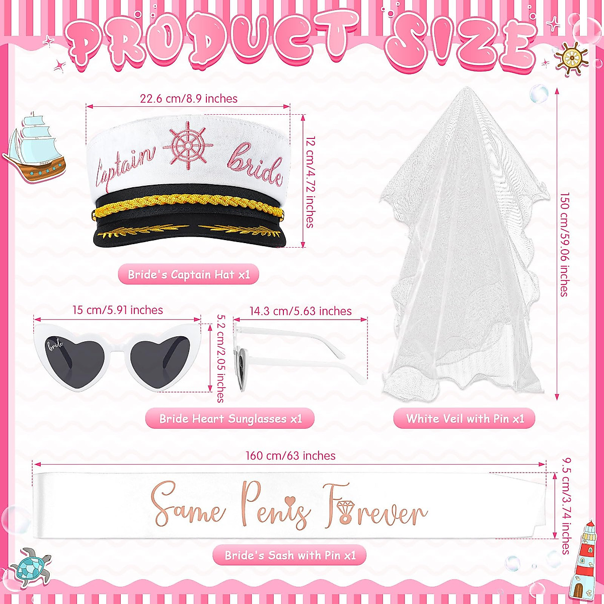 JaGely 4 Pcs Bachelorette Party Accessories for Bride Captain Hat with Veil, Bride Sash Sunglasses for Bridal Shower Wedding(Classic Style)