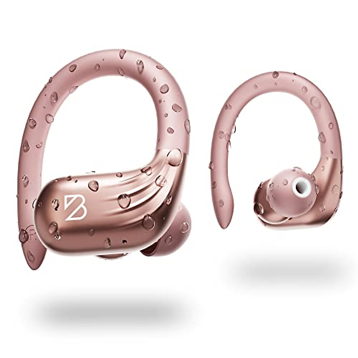 Runner 60 Wireless Rose Gold Earbuds for Running, Workout Headphones for Women, Pink Bluetooth Earphones, Over Ear Hooks, 80-Hour Long Battery, Water-Resistant Pink Earbuds Wireless Charging Case