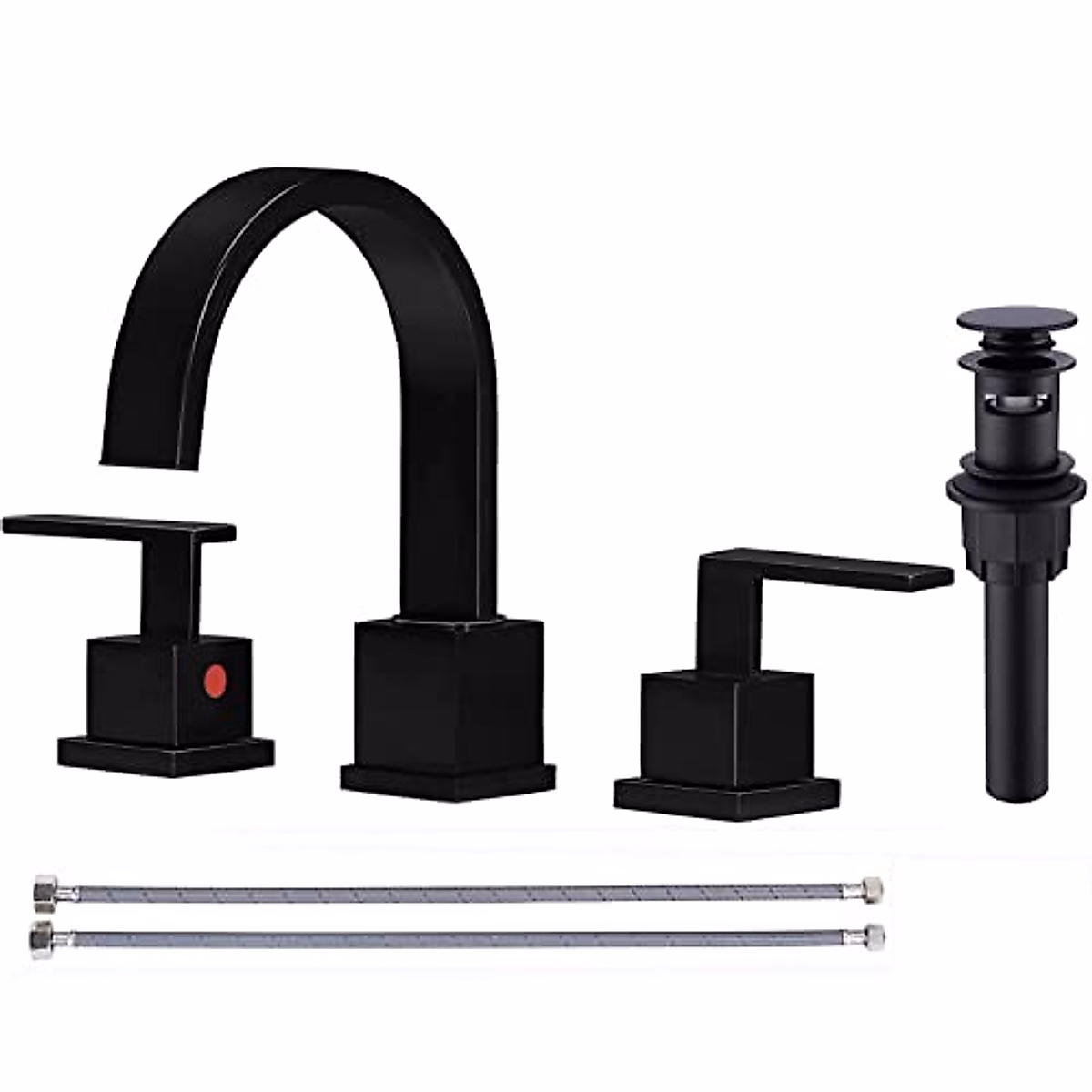 KINGO HOME Matte Black Bathroom Faucet, Black Faucet Bathroom 3 Hole 8inch Widespread Waterfall 2 Handle Black Faucets Bathroom Sink Vanity Faucet with Pop Up Drain and Supply Lines