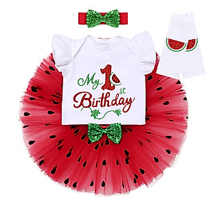 Newborn One Melon Baby Girl First Birthday Cake Smash Outfit Romper + Tutu Skirt/Shrots + Headband 3pcs Princess Formal Prom Clothing Set 0-3Months Clothes Playwear Red-My 1st Birthday 1T