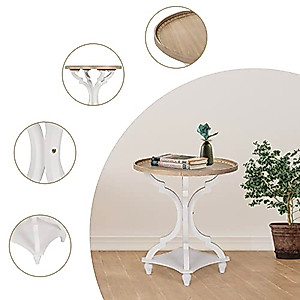 Wnutrees Farmhouse Round Accent End Table, Rustic Side Table Nightstands for Living Room Bedroom, Wood Tray Top, Handcrafted Finish, Set of 2, White