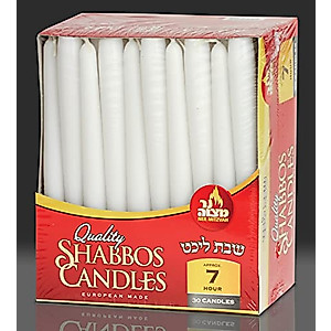 Classic White Taper Candles – 8 Inch – 30 Bulk Pack – for Shabbat, Dinner Tables, Restaurants, Ceremonies and Emergency - 7 Hour Burn Time