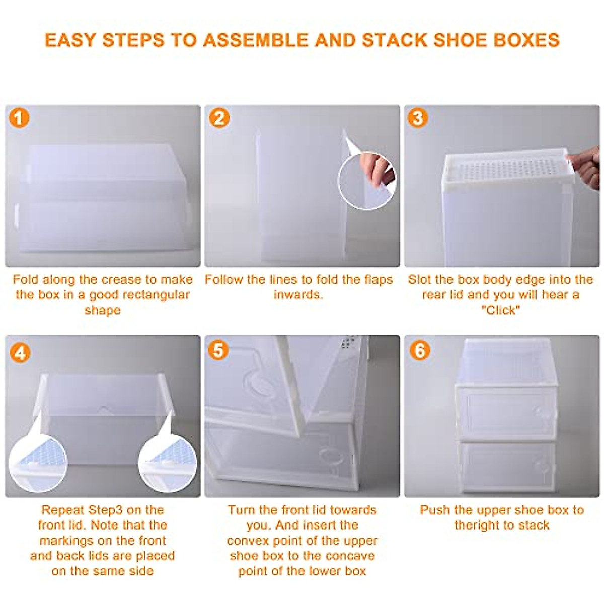 ZEXDOK Shoe Boxes Clear Plastic Stackable, 6 Pack Shoe Storage Boxes for Closet Small Space, Foldable Sneaker Storage Boxes, Under Bed Shoe Storage Containers for Entryway, Closet Floor, Drop Front