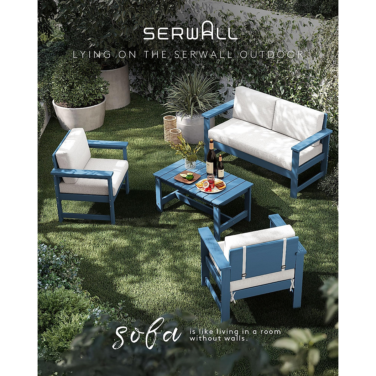 SERWALL 4 Pieces HDPE Outdoor Conversation Sofa Set with Cushions, Blue Frame and Khaki Cushion