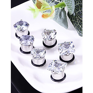 Vsnnsns 00G 316L Surgical Stainless Steel Cubic Zirconia Ear Gauges Plugs Tunnels Taper Stretching Kit Expander Piercing Jewelry for Women Men 10mm Circular CZ Square CZ Heart CZ 00 Gauge Silver