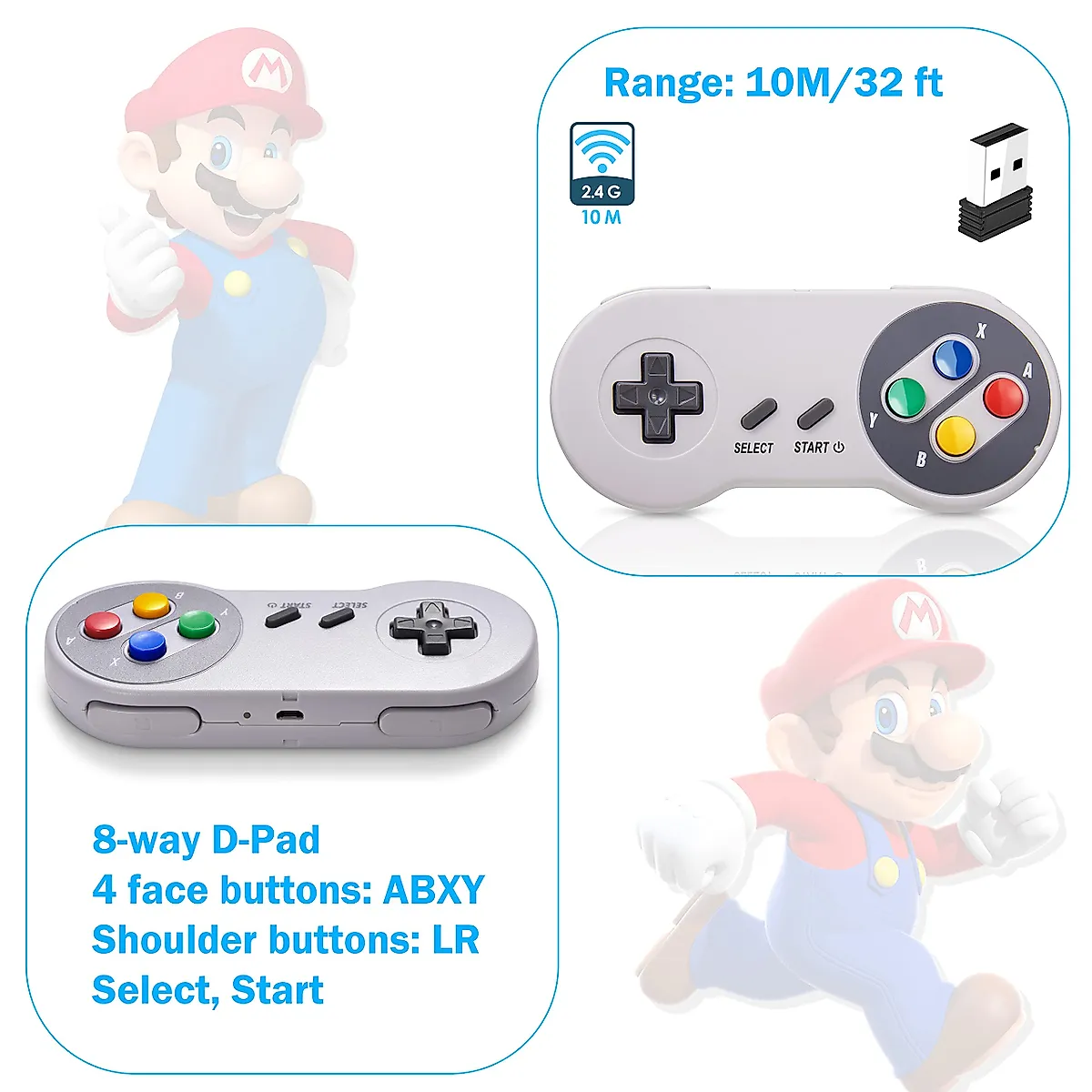 [New Version] 2 Pack 2.4 GHz Wireless Controller Game pad Compatible with SNES & PC, with SNES & USB Receivers, Support Windows PC, IOS MAC, Linux Raspberry Pi and SNES [Plug & Play] [Rechargeable]