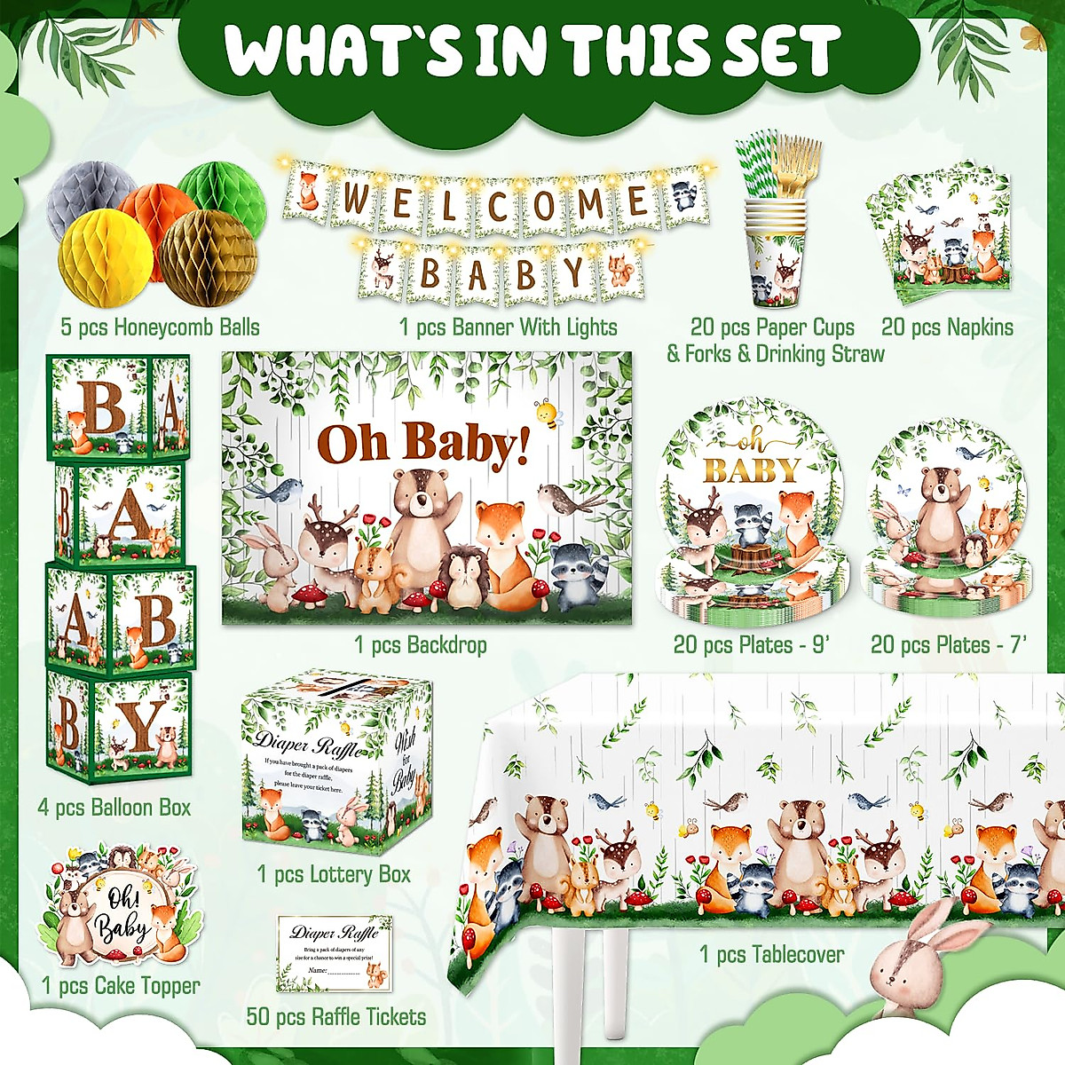 cocomigo 292pcs Woodland Baby Shower Decorations Baby Shower Decorations Neutral Animals Baby Shower Decorations Boys Girls Woodland Baby Shower Ideas pack for 20 Guest