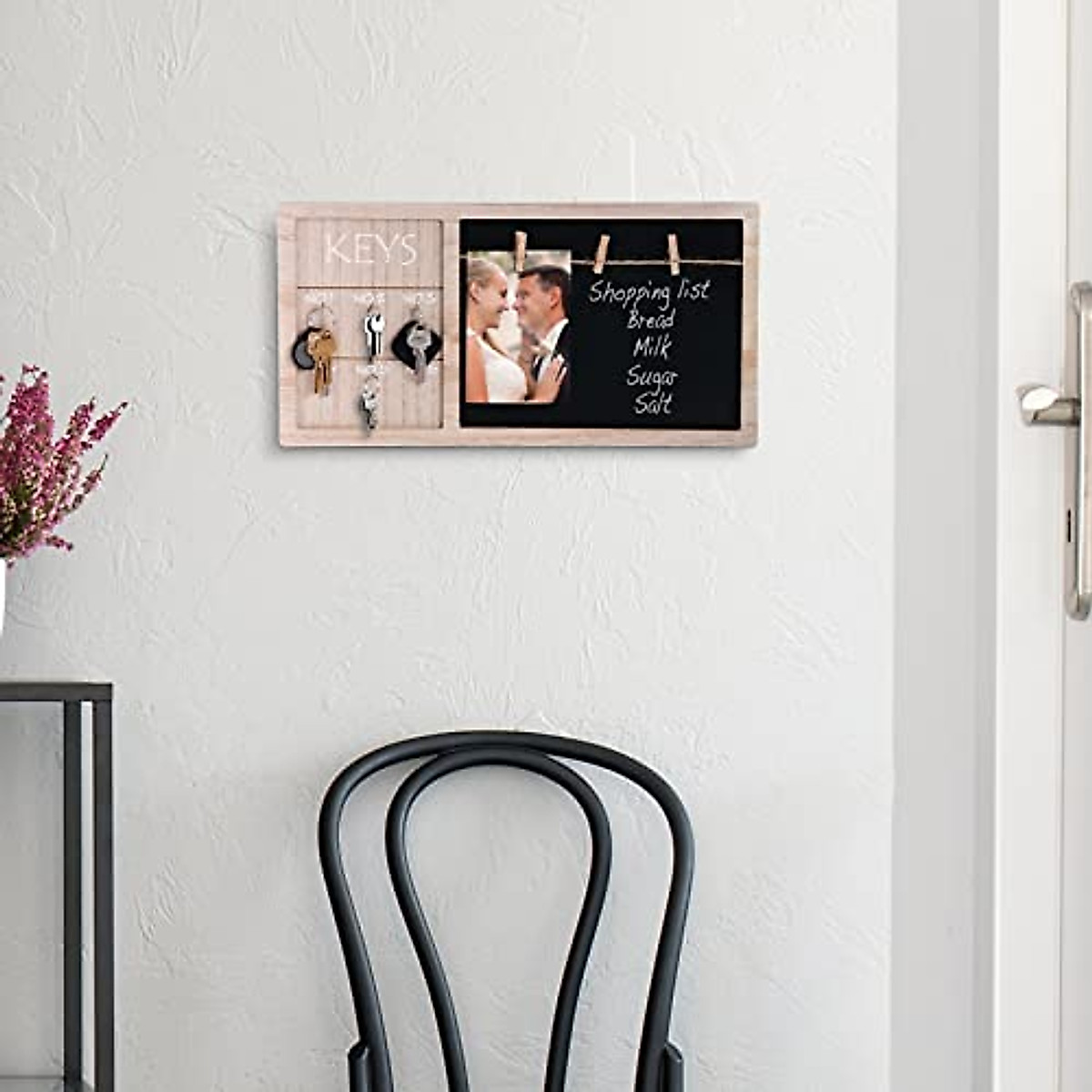 Key Hooks Photo Hangers Chalkboard Wall Mounted Keychains Organizer - Bohemian Hanging Photo Note Board Key Racks Hanger Suitable for Entryway, Front Door, Hallway for Boho and Rustic Decor.