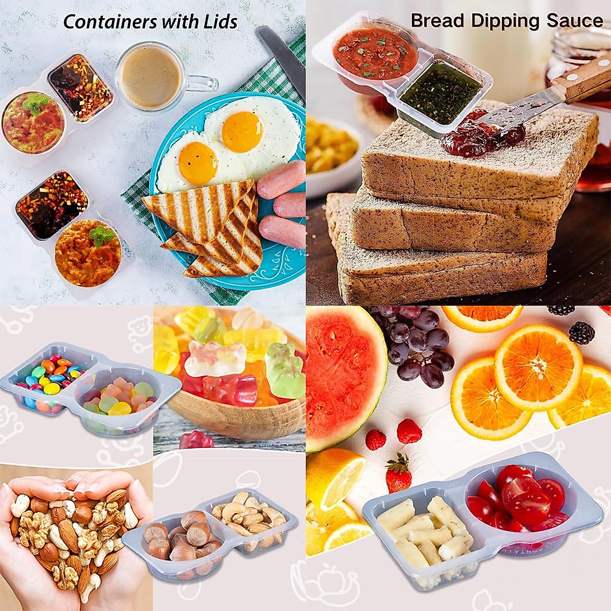 Dual Compartment Containerfor for Condiment, Dip, Sauce, Sampling and Travel Snacks，Portable Reusable Sauce Container，5Pcs Double Compartment Condiment Containers with Lids