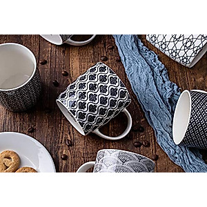 MACHUMA Set of 6 11.5 oz Coffee Mugs with Black and White Geometric Patterns, Ceramic Tea Cup Set