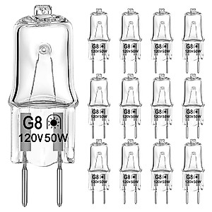 G8 Halogen Light Bulb 50W 120V T4 JCD Type G8 Bi-Pin Base Dimmable G8 Small Light Bulbs for Kitchen Hood, Landscape Lights, Desk and Floor Lamps, Wall Sconces, Warm White 2700K (12 Pack)