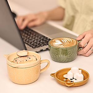 Cute Ceramic Dog Coffee Mug with Lid,Kawaii Coffee Mugs or Tea Cups for Dog Lovers,Funny Novelty Dog Breakfast Mugs for Women Wife Mum Girls Boys Friends Kids Christmas Birthday Gift,300ML（Green）