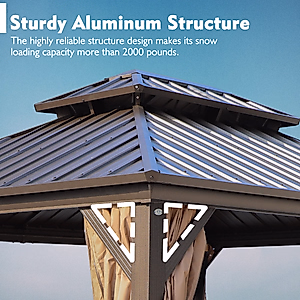 Kozyard Caesar 12'x14' Hardtop Gazebo - Permanent Metal Pavilion with Netting and Shaded Curtains for Patio, Backyard, and Deck - Galvanized Steel Outdoor Aluminum Canopy, Double Roof Gazebo (Brown)