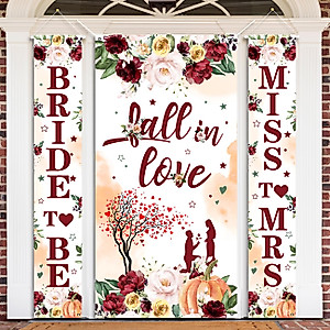 3 Pcs Fall in Love Banner Set Fall Bridal Shower Decorations Autumn Floral Little Pumpkin Door Cover Backdrop for Fall Theme Wedding Bachelorette Engagement Bride to Be Valentines Day Party Supplies