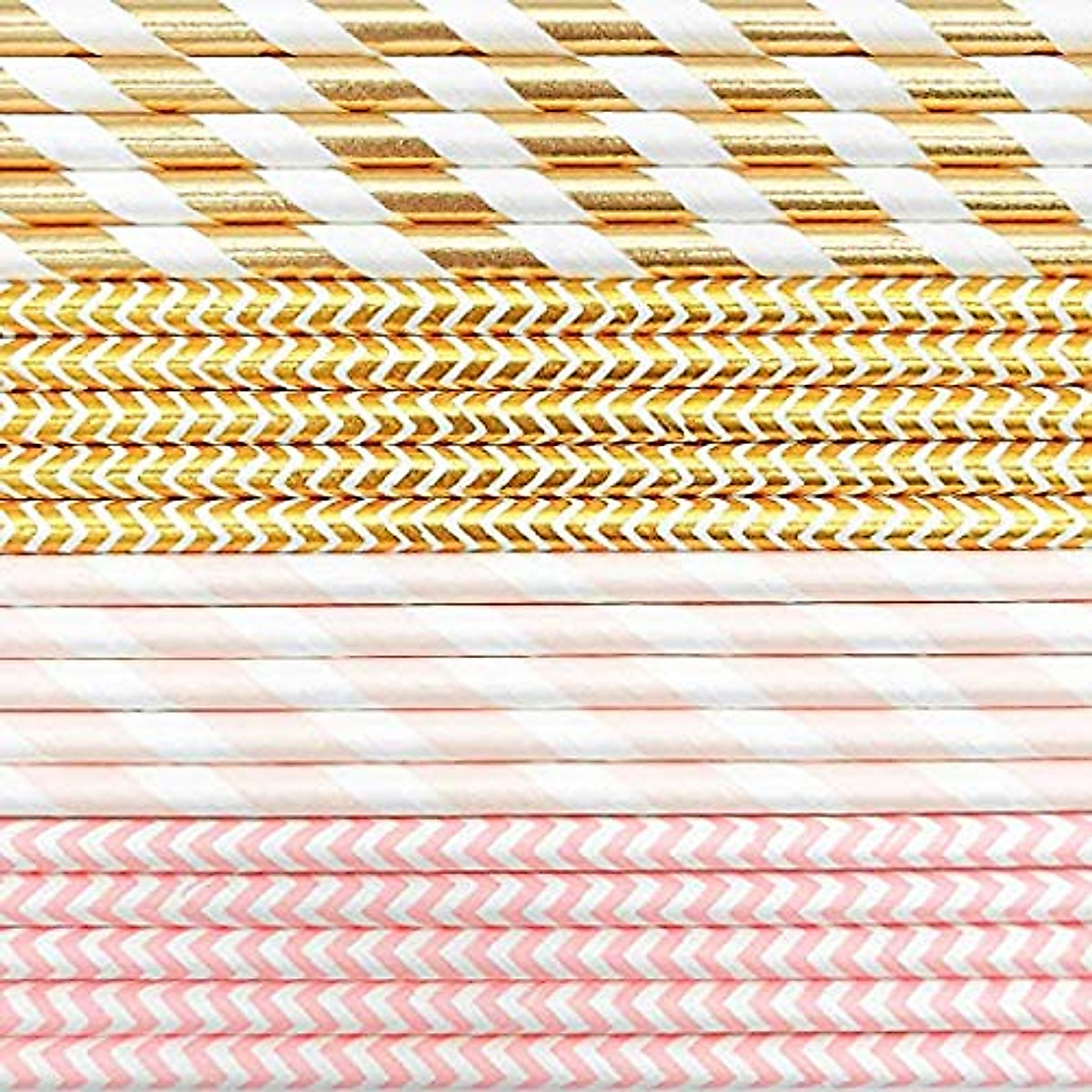 Biodegradable Paper Straws, 100 Pink Straws/Gold Straws for Party Supplies, Birthday, Wedding, Bridal/Baby Shower Decorations and Holiday Celebrations