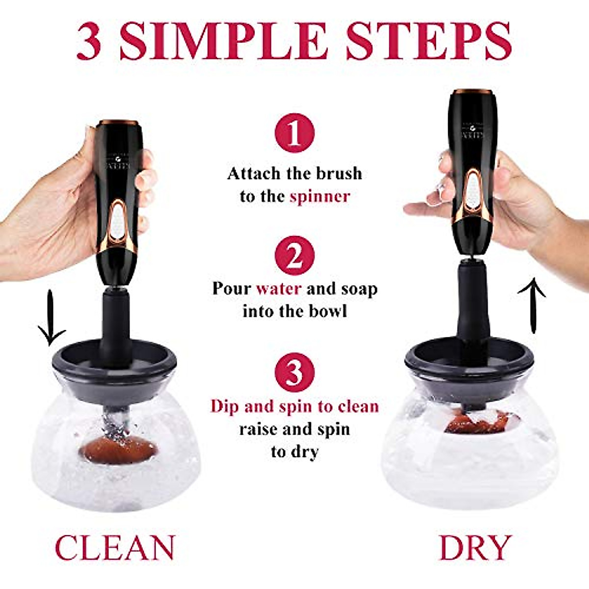 Electric Makeup Brush Cleaner Machine with FREE Makeup Cleaner Shampoo - Automatic Makeup Brush Washing Machine and Spinning Dryer with Rubber Collars - Clean, Rinse and Dry in Seconds
