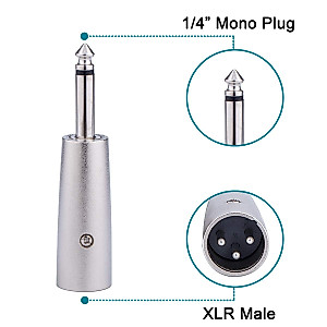 ALEKOR XLR Male to 1/4 Inch Male TS Adapter - 6.35mm Mono to XLR Male Gender Changer Connector - 2 Pack