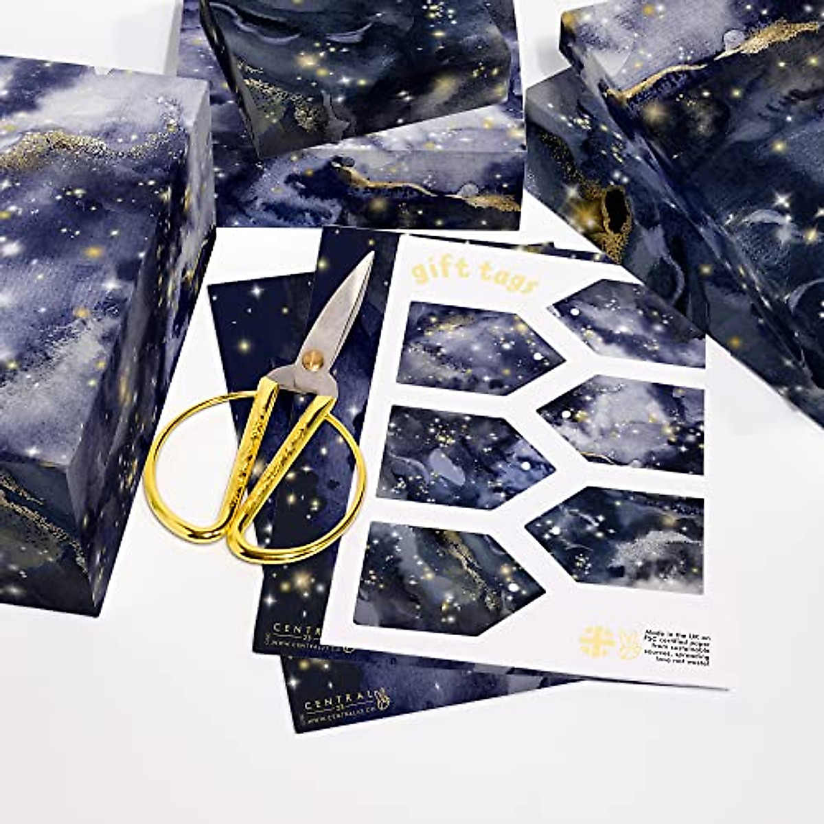 CENTRAL 23 Galaxy Wrapping Paper - Blue And Gold Wrapping Paper - 6 Sheets Gift Wrap - Watercolor Night Sky - Space Themed Gifts - Comes With Fun Stickers