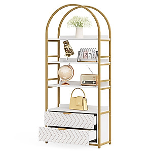 Tribesigns 4-Tier Bookshelf with 2 Drawers, 74.80”H Tall Bookcase 4 Display Shelf Small Place, Free Standing Multipurpose Storage Rack Etagere Book Shelves Tower, Home Office, White, Gold