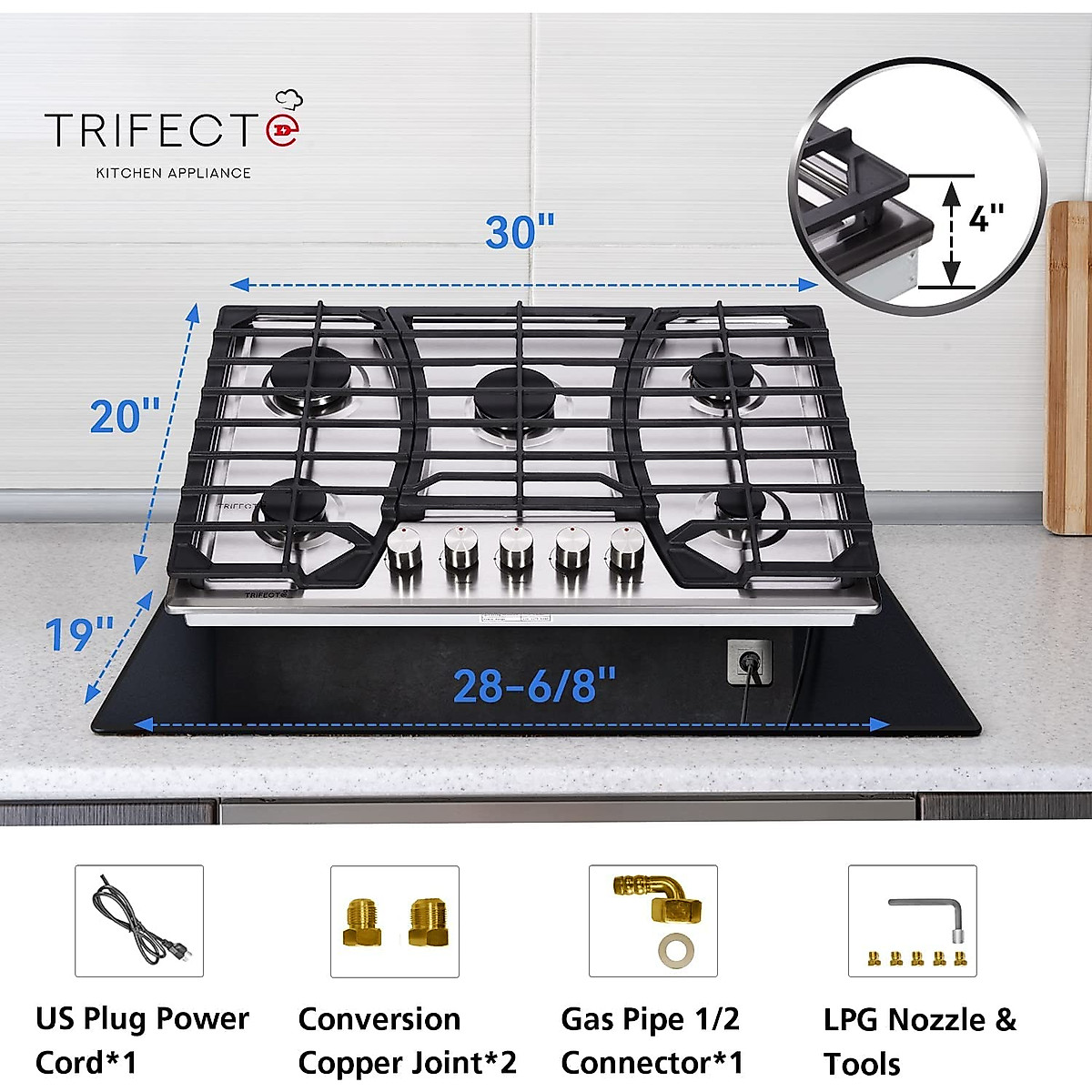 Trifecte 30 Inch Stainless Steel Gas Cooktop, Built-in Gas Stove Top with 5 Italy SABAF Sealed Burners Dual Fuel NG/LPG Convertible Gas Hob with Thermocouple Protection (Gas Regulator Not Included)