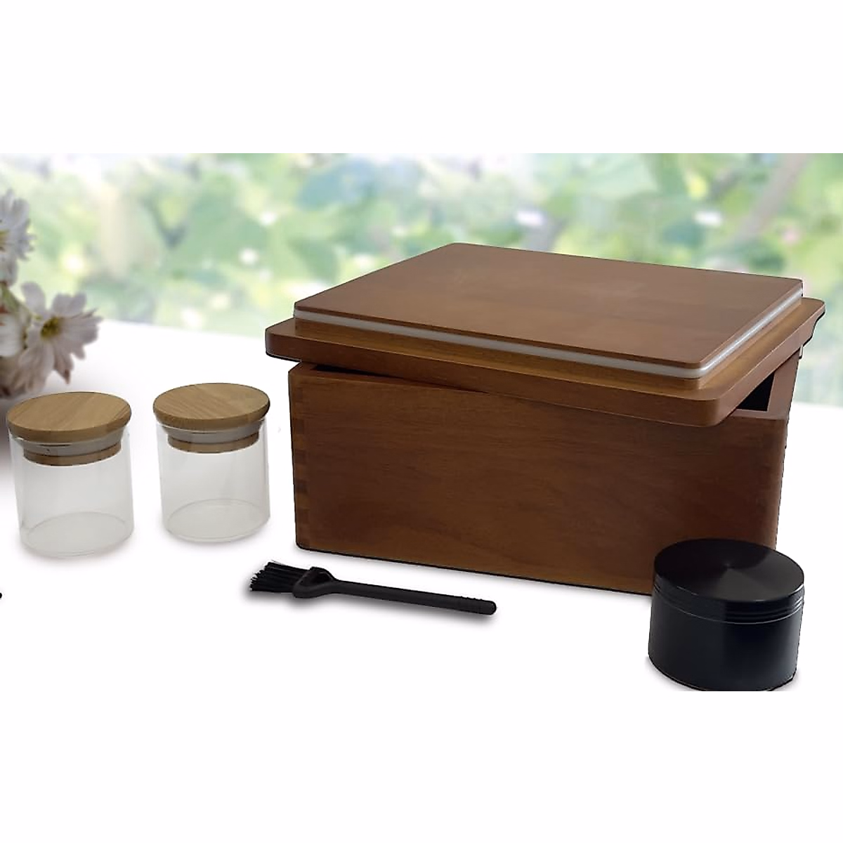 Misecrisa Airtight Stash Box with Tray - Rubber Seals - Large Wooden Box with Accessories 100% Air-Tight Storage Stash Box Set - Decorative Wood Box for Herbs (9.5inch)