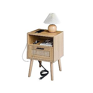 Labcosi Mid Century Modern End Table, Natural Rattan Nightstand with Charging Station, Wooden Bedside Tables for Living Room and Bedroom, Natural Wood Side Table with Storage Drawer