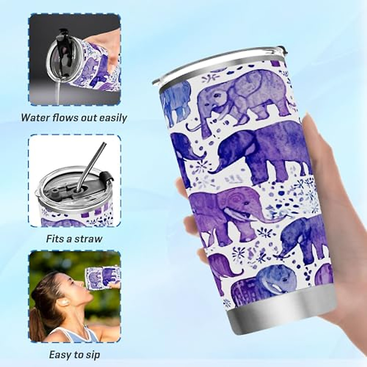 Wassud Violet Elephants 20 oz Tumbler with Lid and Straw Stainless Steel Double Wall Vacuum Tumblers Insulated Travel Coffee Mug for Cold and Hot Drinks