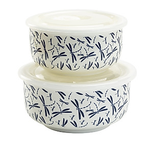 Grace Teaware Pantry Nested Porcelain Storage Bowls With Vented Lids, Large and Medium 2-Piece Set, (Dragonflies Dark Blue)
